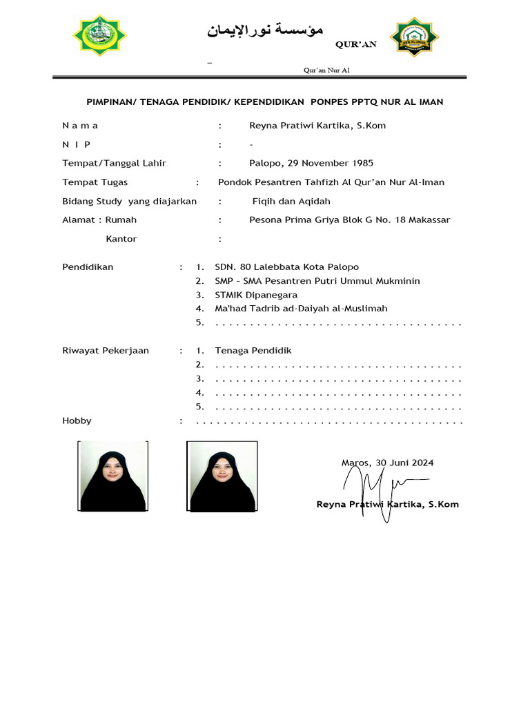 Biodata Tenaga Pendidik Reyna1 | PDF