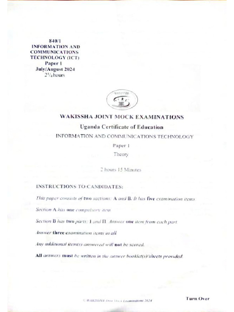 Wakissha Joint Mocks Examinations Uce 8401 Ict Past Paper 2024 | PDF Wakissha Joint Mocks Examinations Uce 8401 Ict Past Paper 2024 | PDF