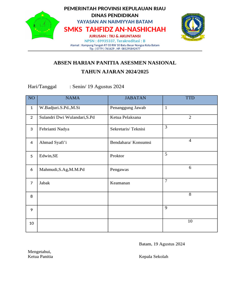 Absen Harian Panitia Unbk | PDF