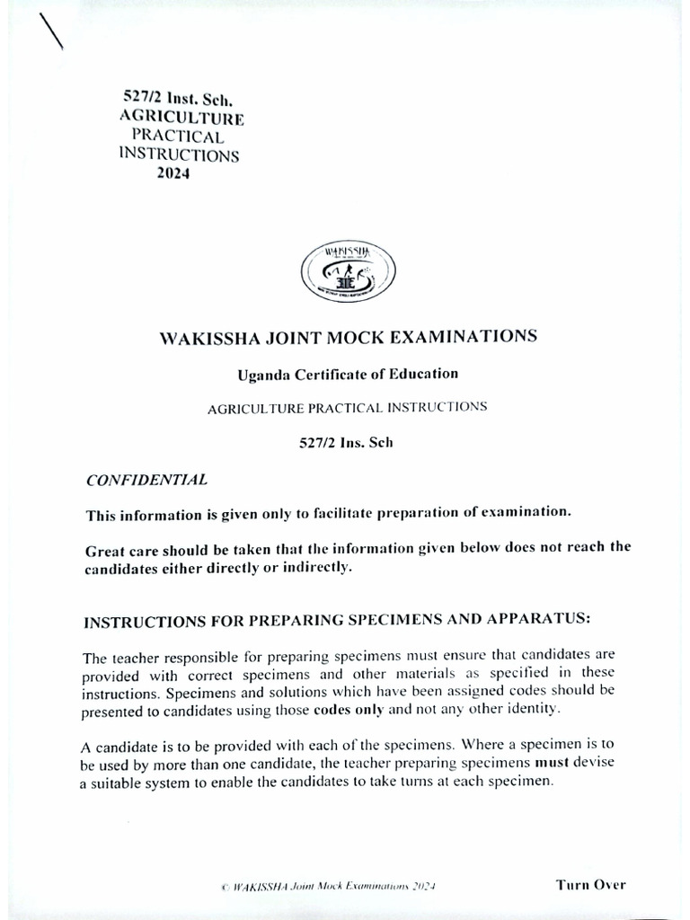 Wakissha Joint Mocks Examinations Uce 5272 Agriculture Practical Ins Past Paper | PDF