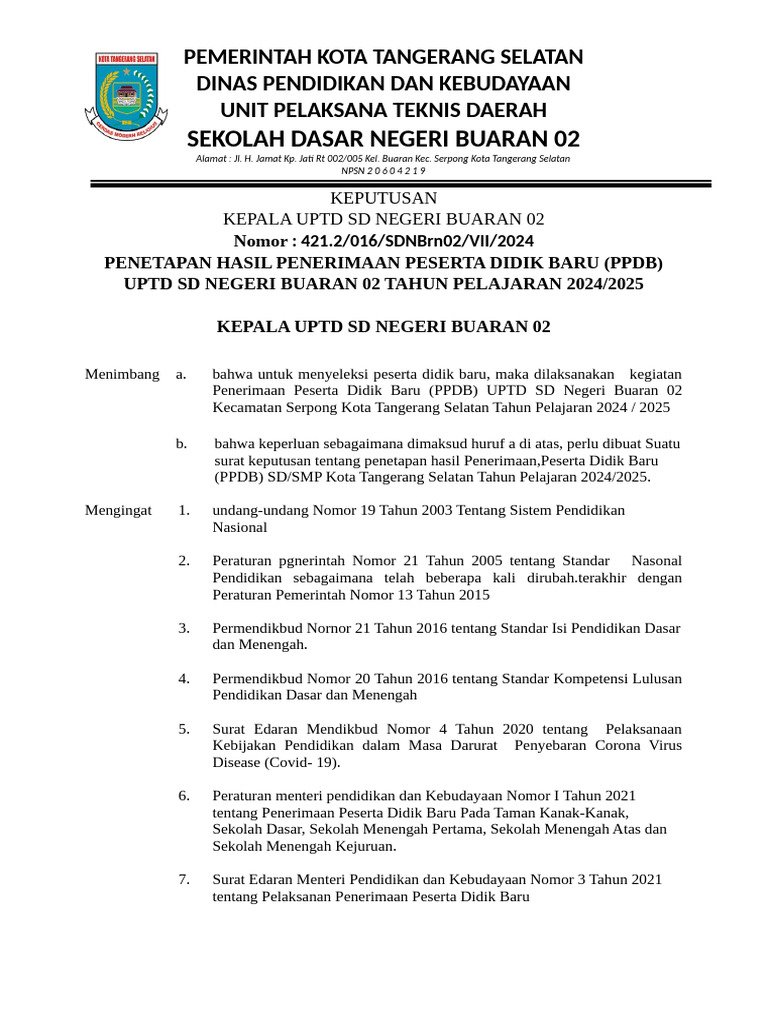 SK PENETAPAN PPDB 2024 2025 BRN 02 | PDF