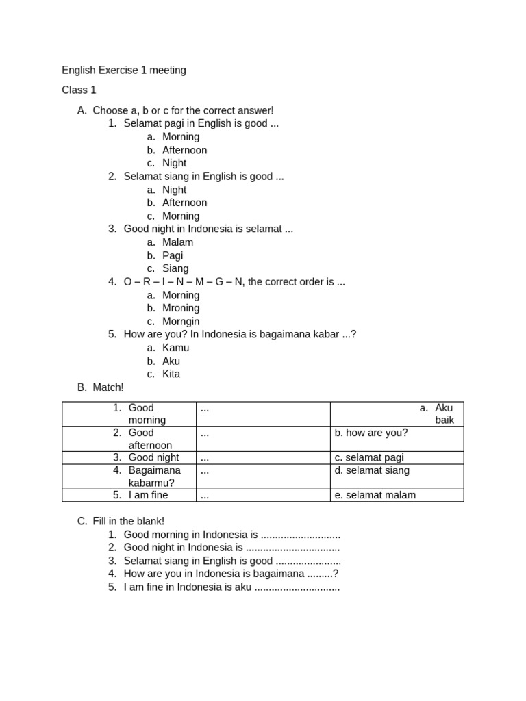 English Exercise Class 1 | PDF