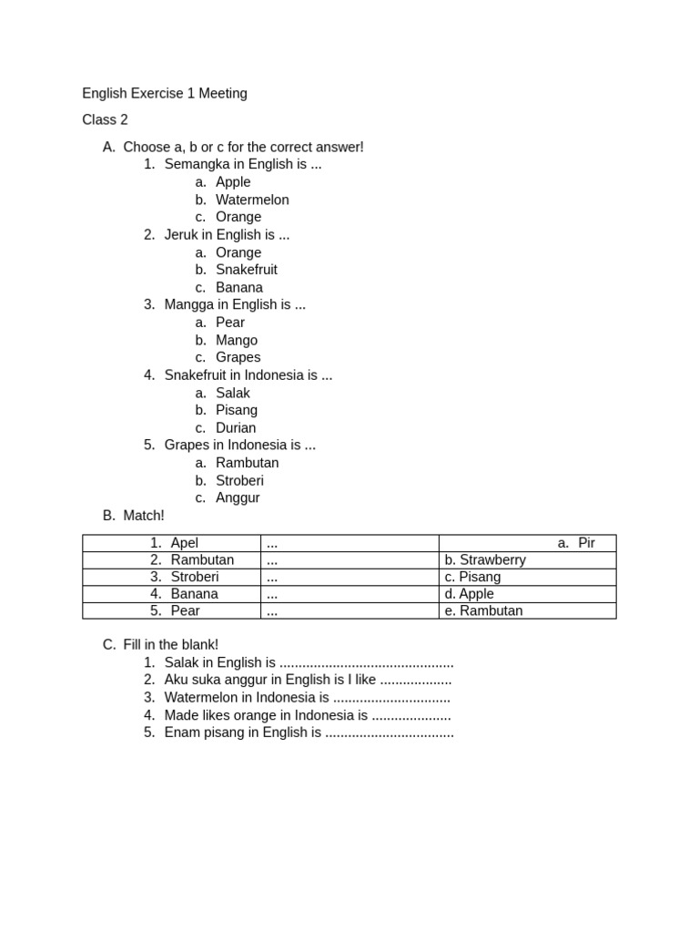 English Exercise Class 2 | PDF