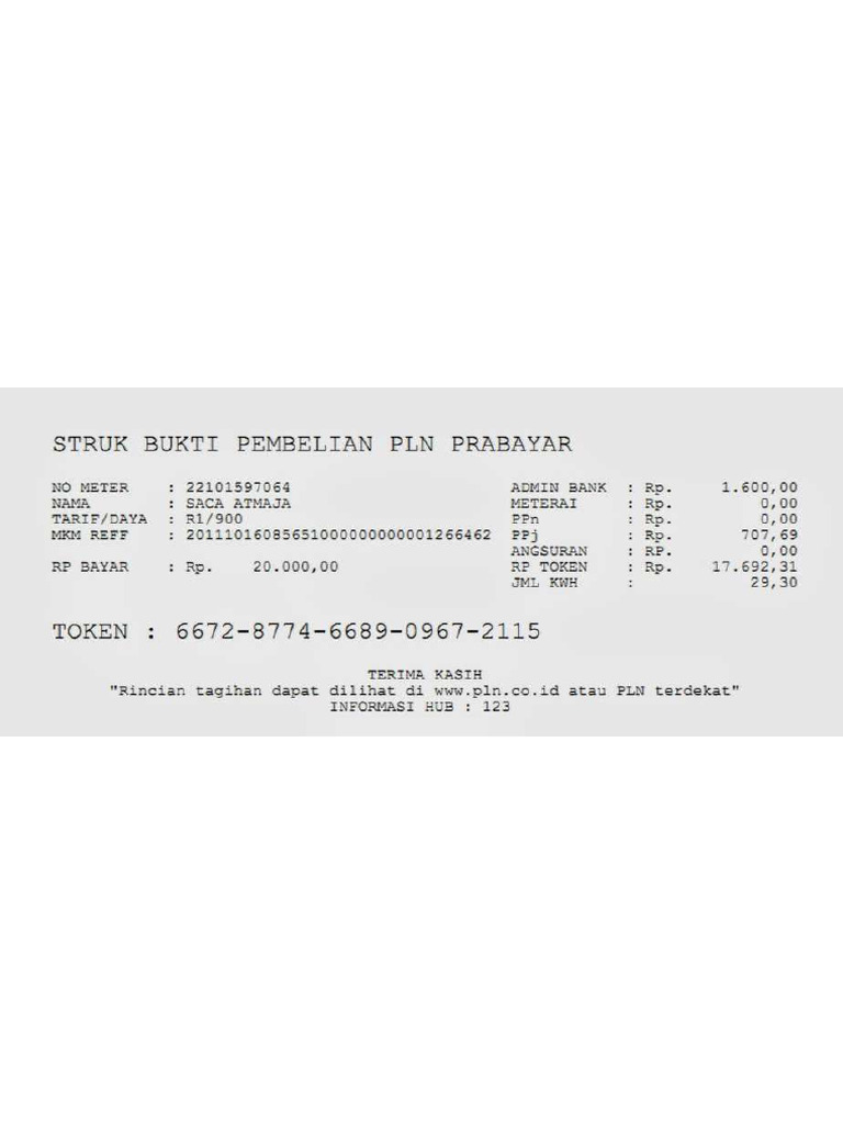 Contoh Struk Token Listrik 11 | PDF