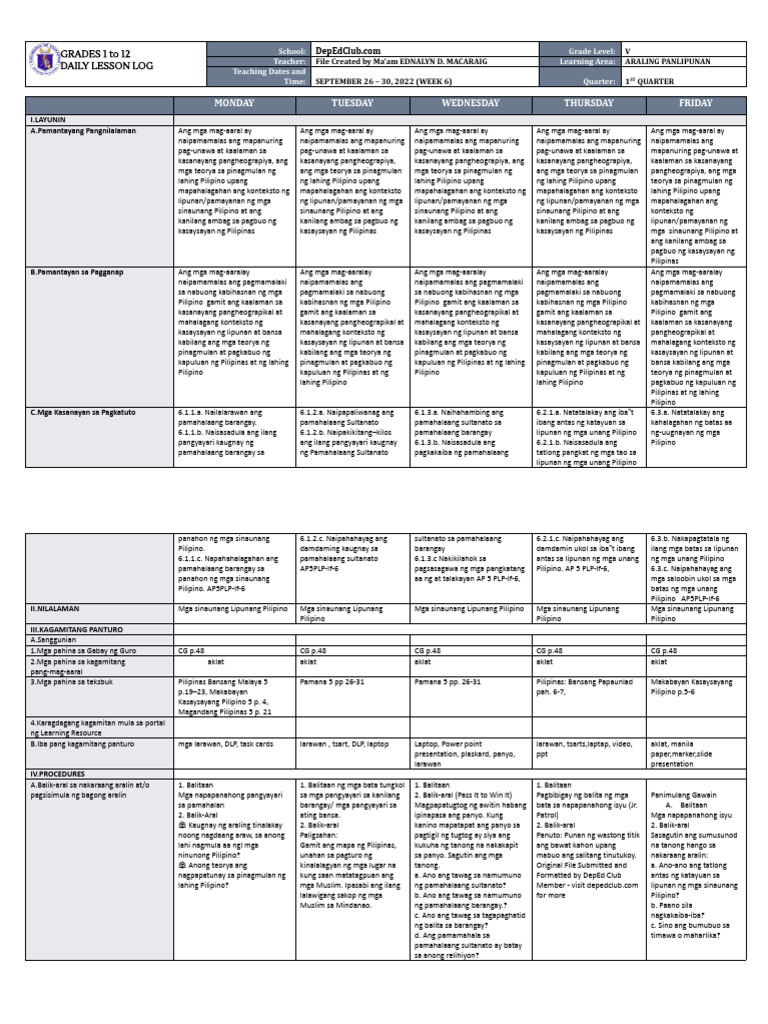 DLL - Araling Panlipunan 5 - Q1 - W6 | PDF | Languages | Foreign Language Studies