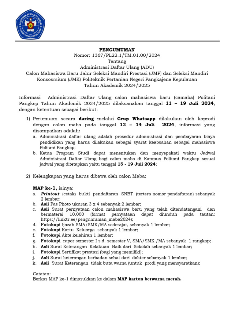 1367 - Pengumuman Administrasi Daftar Ulang JM 2024 | PDF