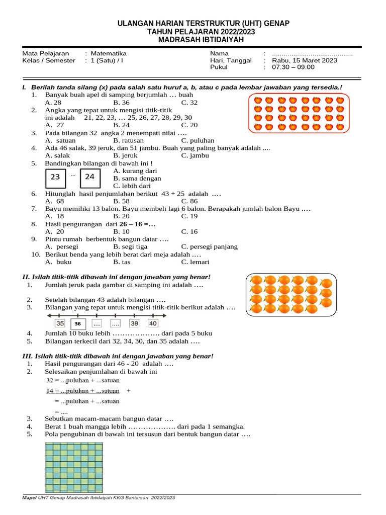 Soal PTS MTK Kelas 1 | PDF