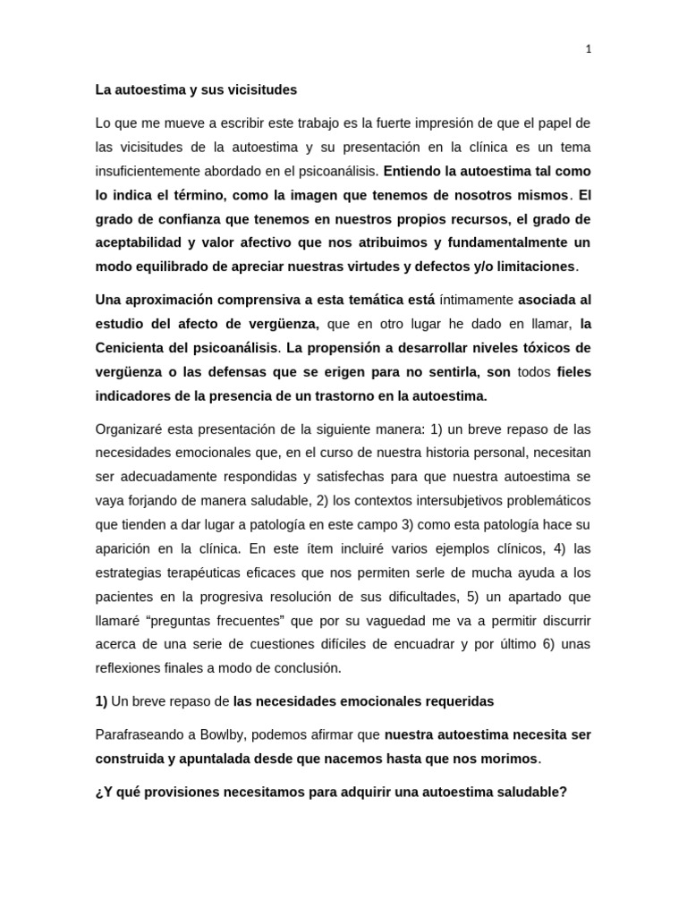 La Autoestima y Sus Vicisitudes | PDF