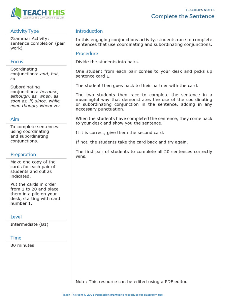 Complete The Sentence Conjunctions | PDF