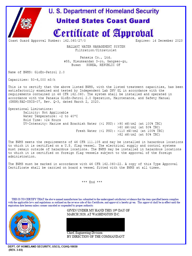 PANASIA USCG Type Approval Certificate With 24hours Holding Time | PDF