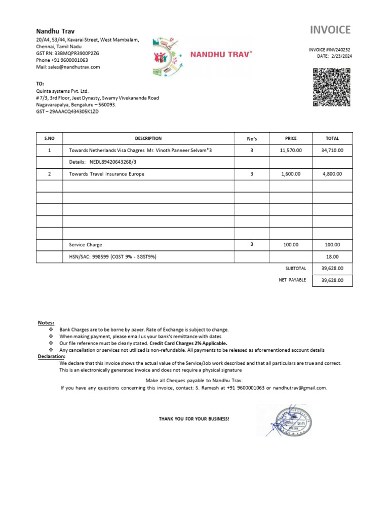Netherlands - Visa - Invoice - 1 (1) 2 | PDF