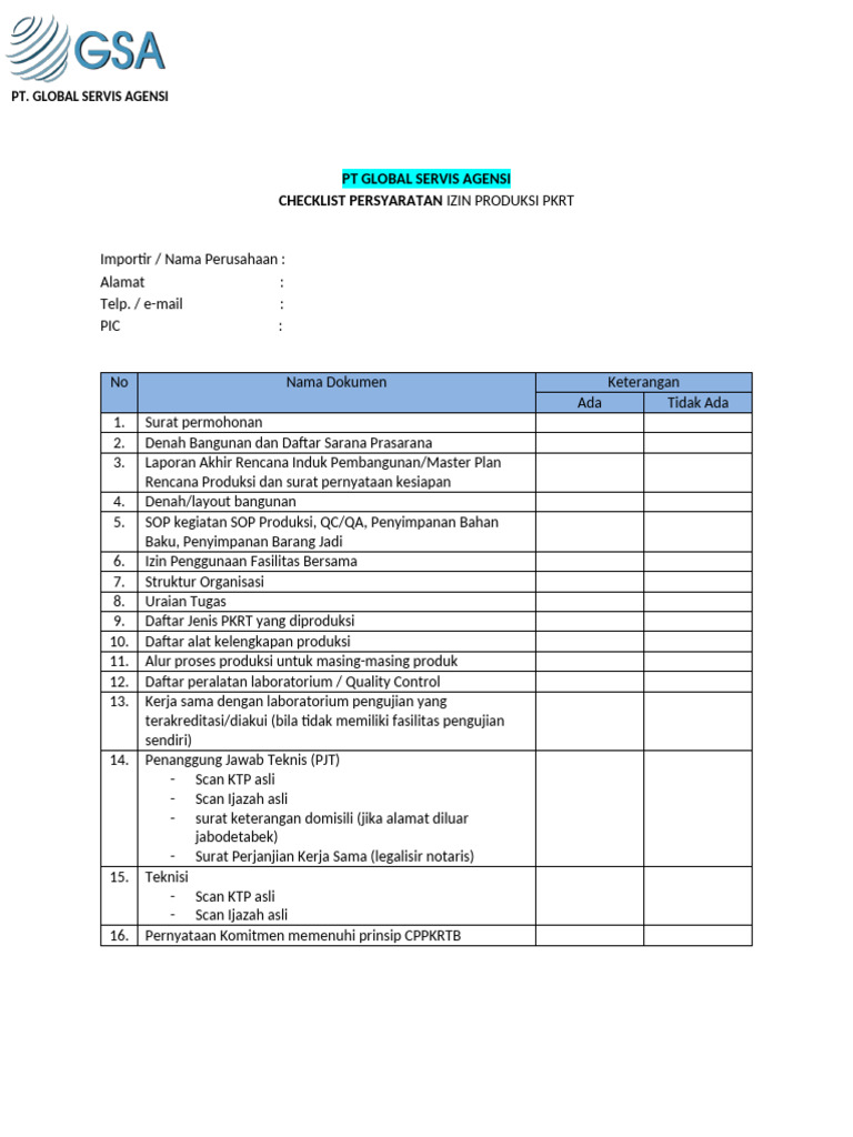 Checklist Persyaratan Izin Produksi PKRT | PDF
