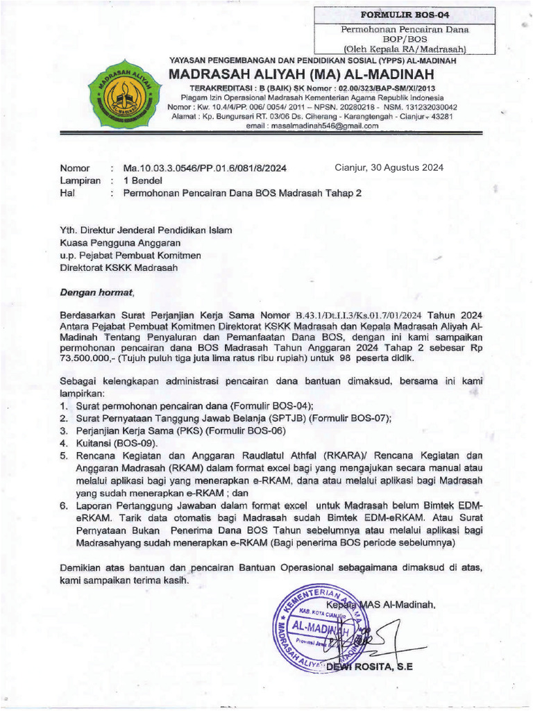 Surat Permohonan Bos Tahap 2 2024 - Compressed | PDF