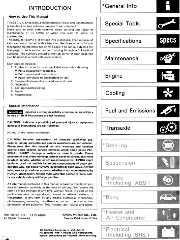 Honda Civic Eg 1992 1995 Full Shop Manual Part1 | PDF