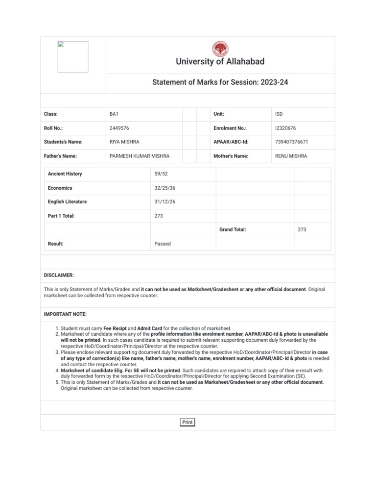 Statement of Marks - University of Allahabad | PDF