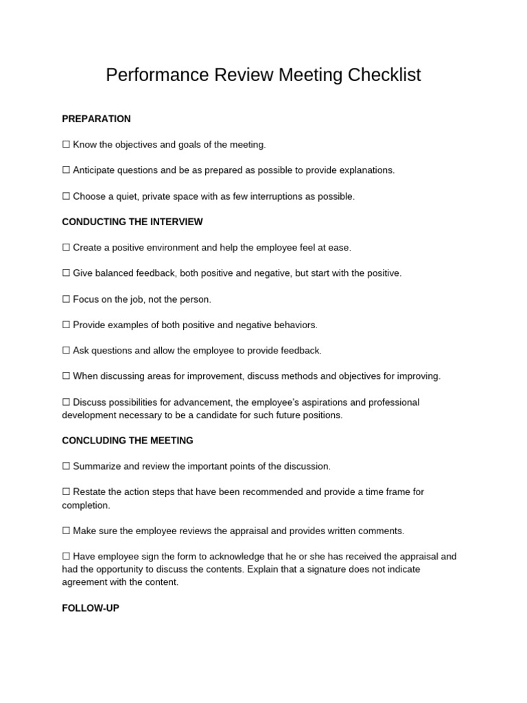 Performance Review Meeting Checklist | PDF