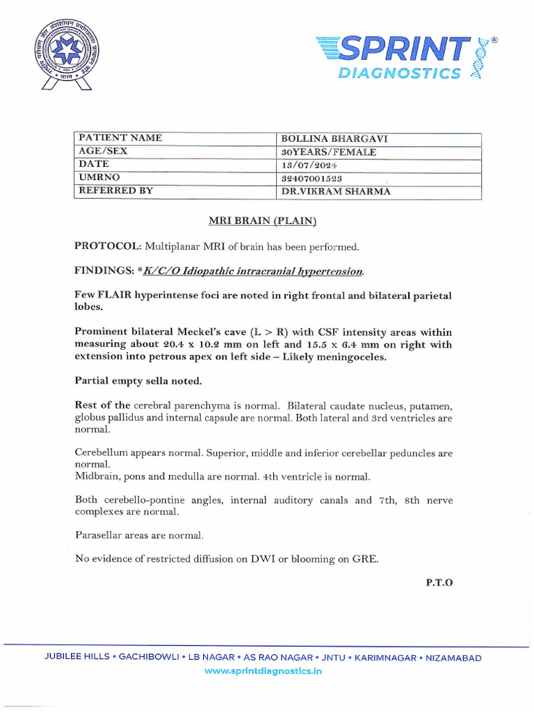 Bollina Bhargavi Mri Report | PDF