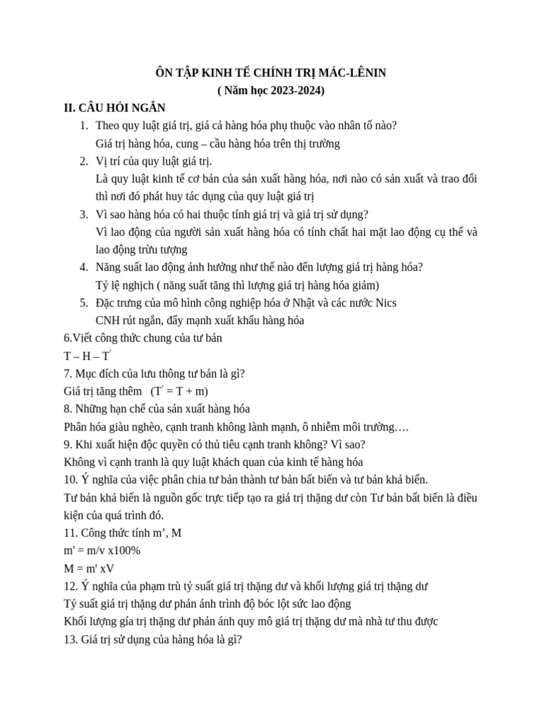 KTCT 2023-2024 (Đáp Án Câu Hỏi Ngắn) | PDF