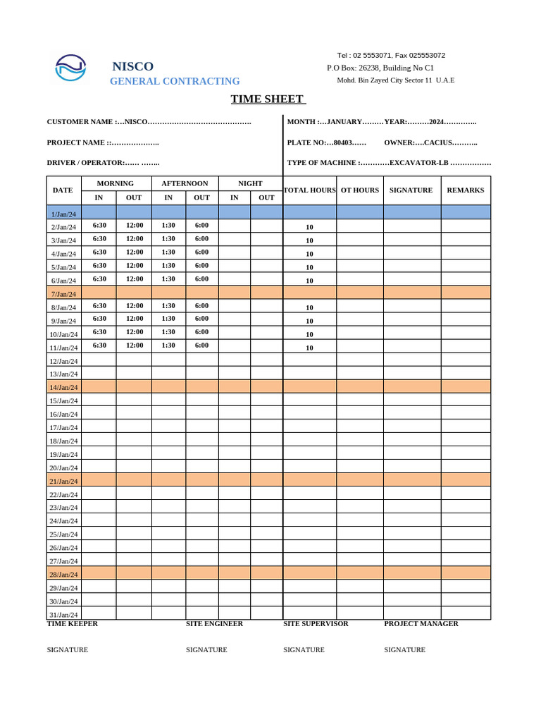 Other Vehicle Time Sheet | PDF