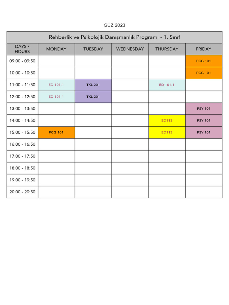PDR Haftalik Ders Programi 2023 Guz - Turkce | PDF