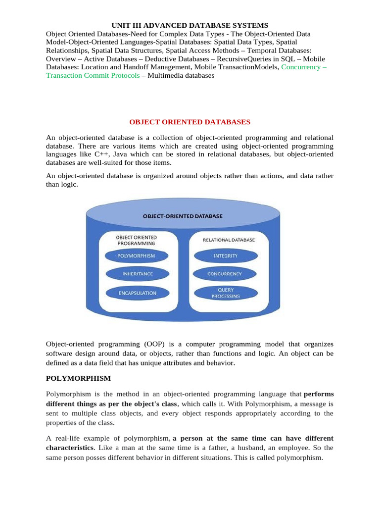 Unit Iii Advanced Database Systems Pdf Object Oriented Programming Databases