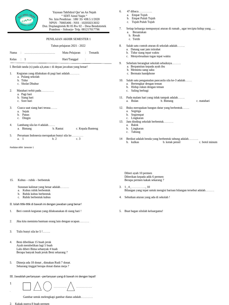 Pas 2021-2022 KLS 1 Tematik | PDF