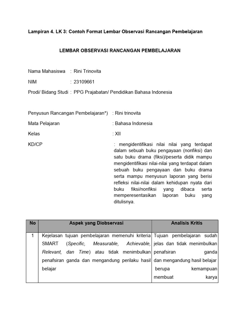 01.05.6-B4-4 Unggah LK 3 - Lembar Observasi Rancangan Dan Perangkat Pembelajaran - Siklus 1 | PDF
