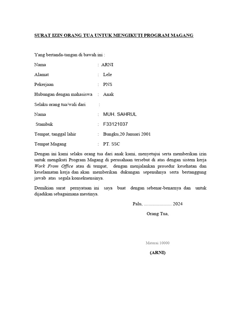 Surat Izin Orang Tua Untuk Mengikuti Program Magang PDF | PDF