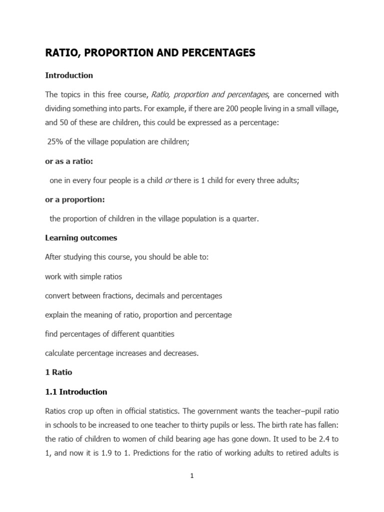 Unit 1 Ratio, Proportion and Percentages | PDF | Percentage | Ratio