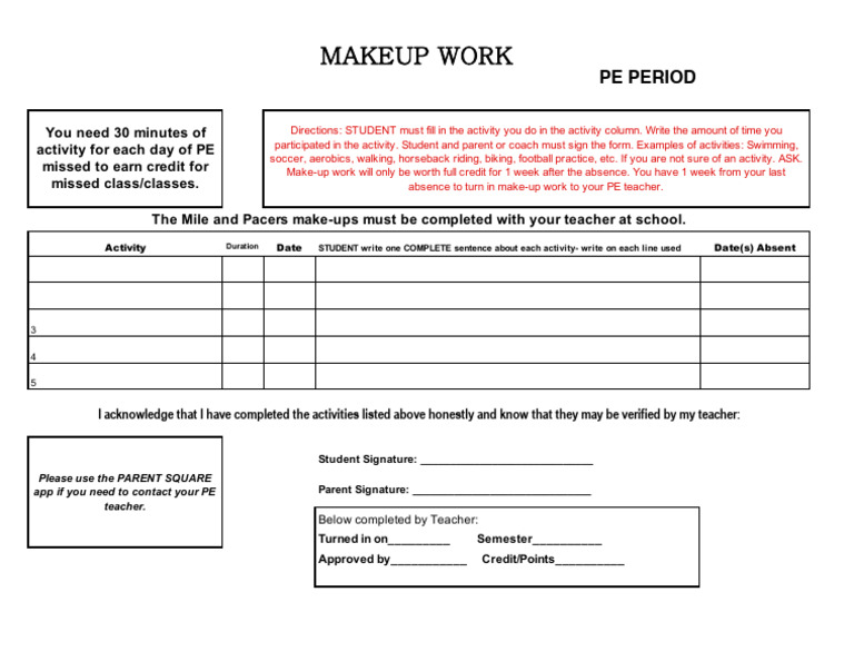 Make-Up Work Log 5 Days PDF | PDF