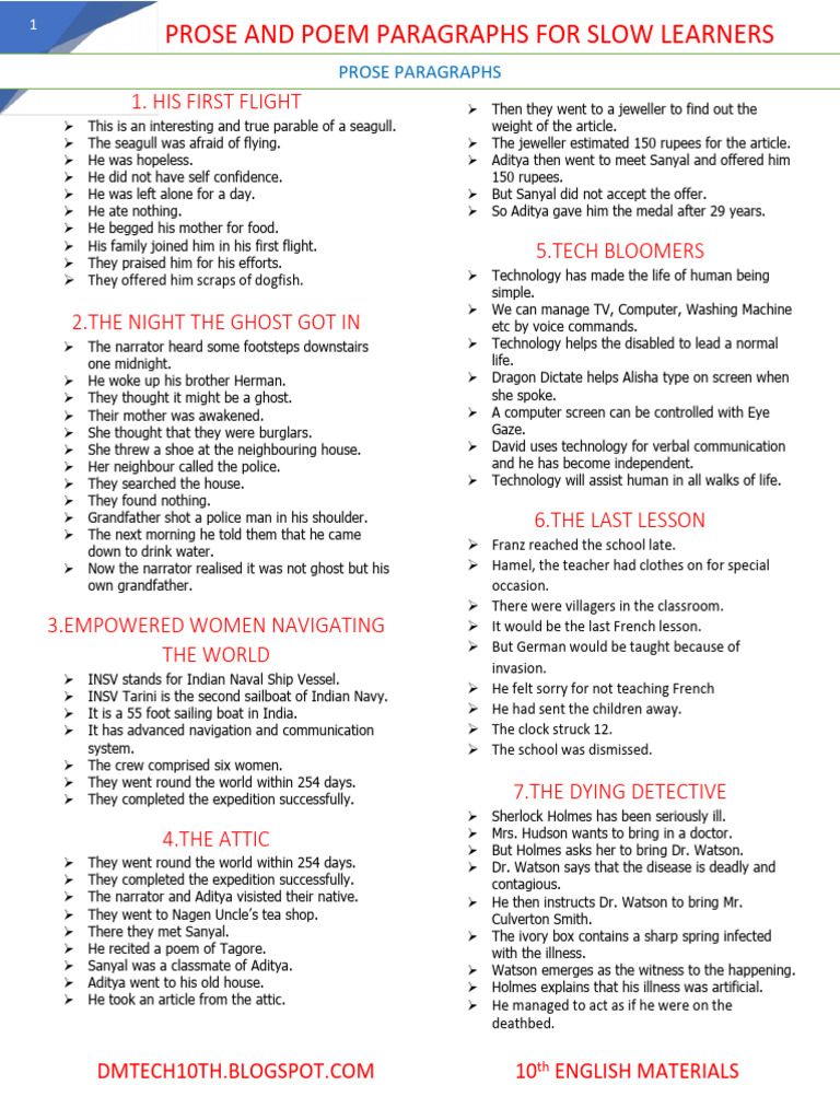 10th English All Unit Slow Learners Paragraphs | PDF