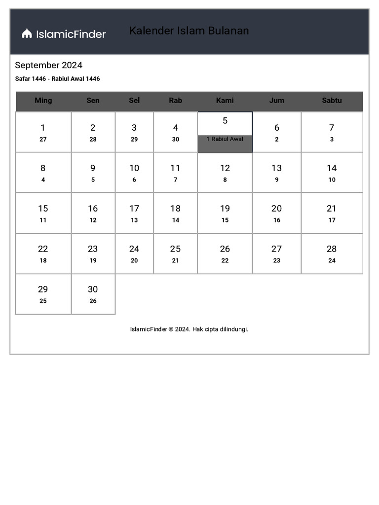 Kalender Islam Bulanan September 2024 | PDF