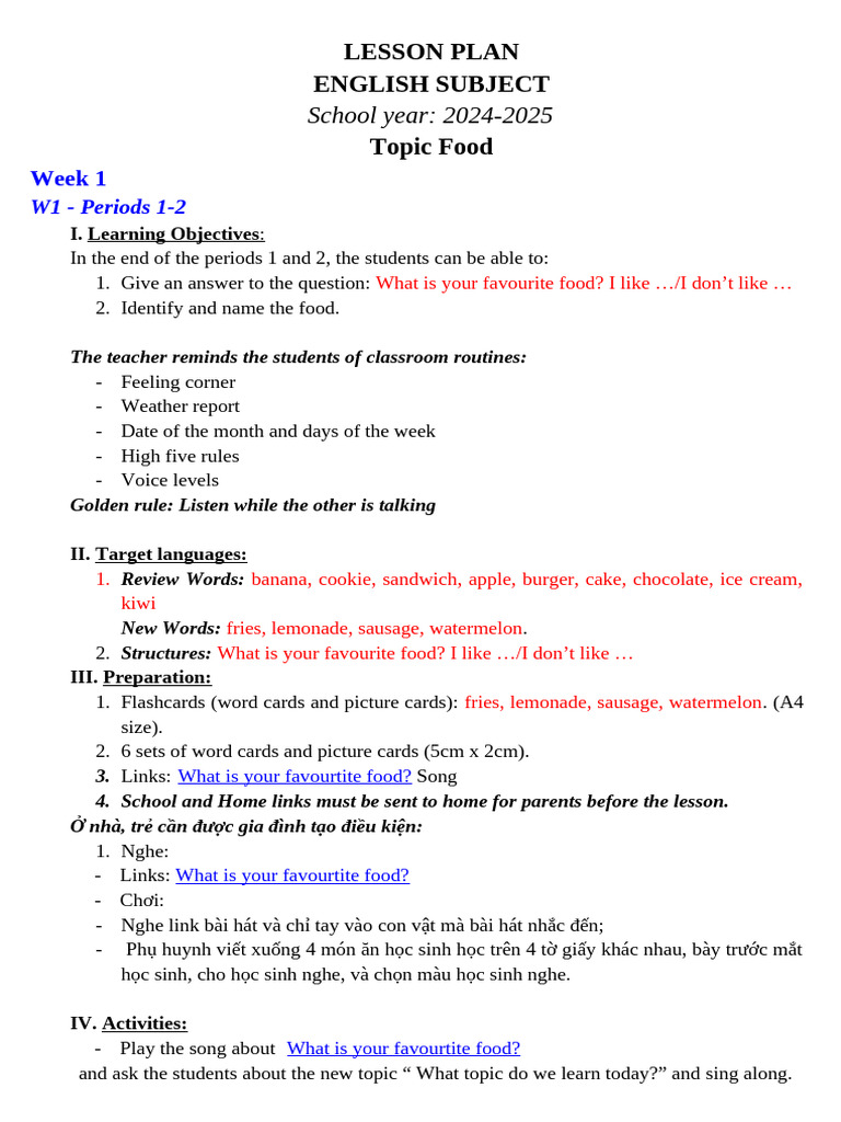 Lesson Plans - Topic Food | PDF