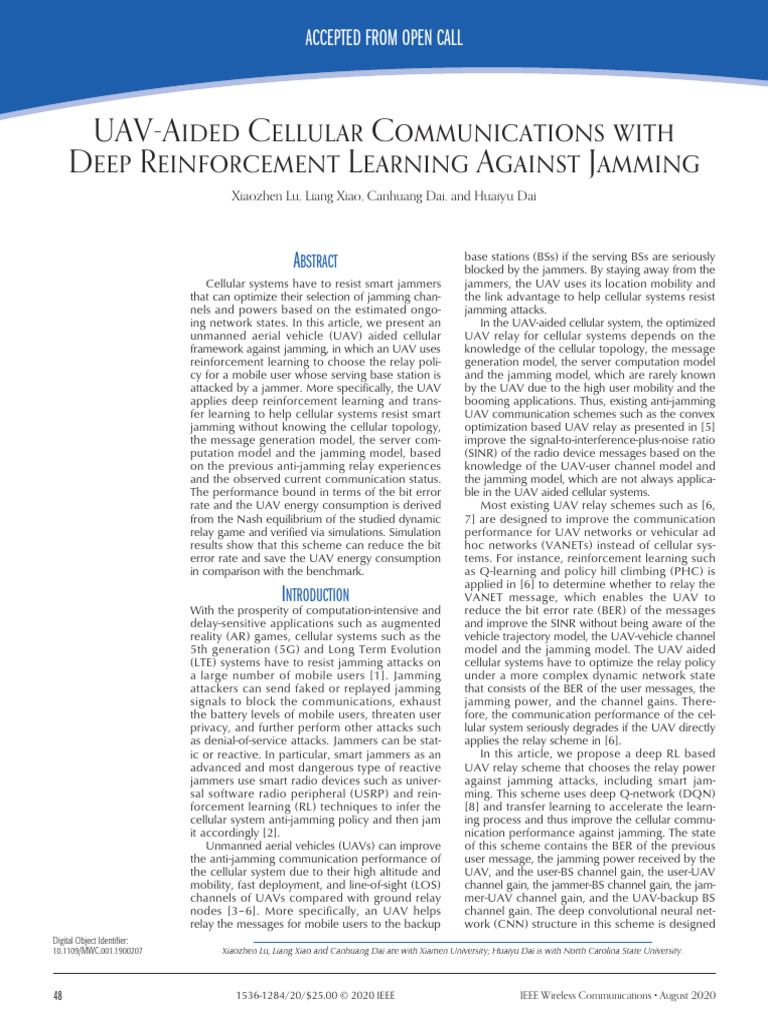 Lu Et Al 2020 Uav Aided Cellular Communications With Deep Reinforcement Learning Against Pdf