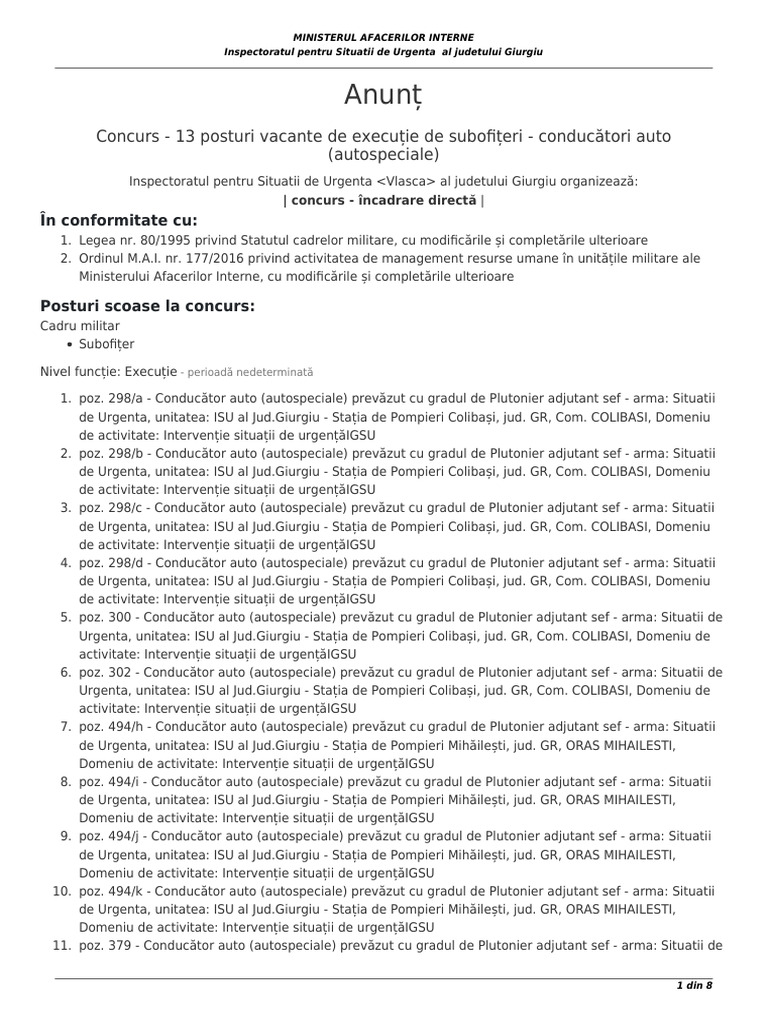 Concurs - 13 Posturi Vacante de Executie de Subofiteri - Conducatori ...