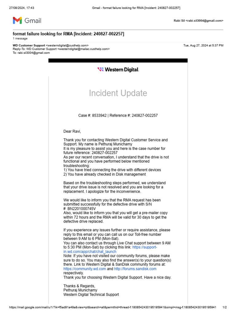 Gmail - Format Failure Looking For RMA (Incident - 240827-002257) | PDF