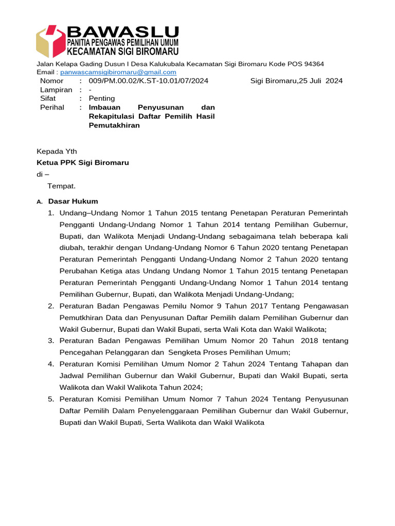Surat Imbauan Ke PPK Penyusunan Daftar Pemilih 25 Juli 2024 | PDF
