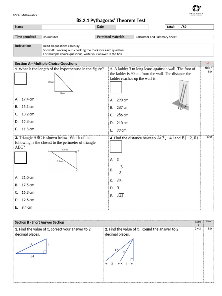 8S.2.1 Pythagoras' Theorem Test 2024 | PDF