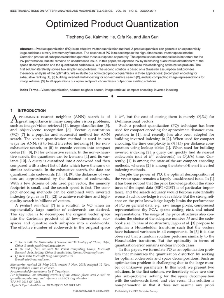 Optimized Product Quantization: Tiezheng Ge, Kaiming He, Qifa Ke, and ...