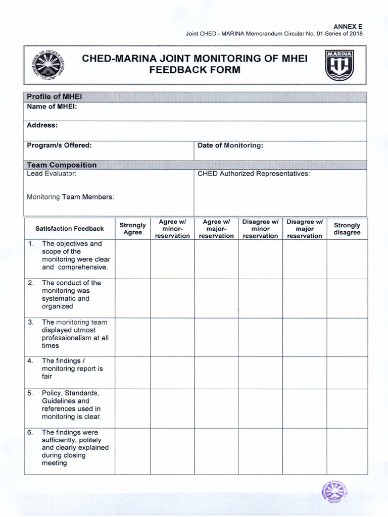 Annex E CHED MARINA Joint Monitoring of MHEI Feedback Form | PDF
