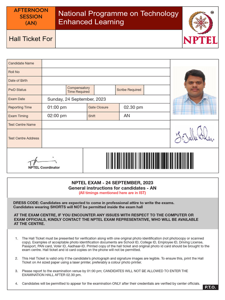 NPTEL Hall Ticket - BSDR (24.09.2023 AN) | PDF
