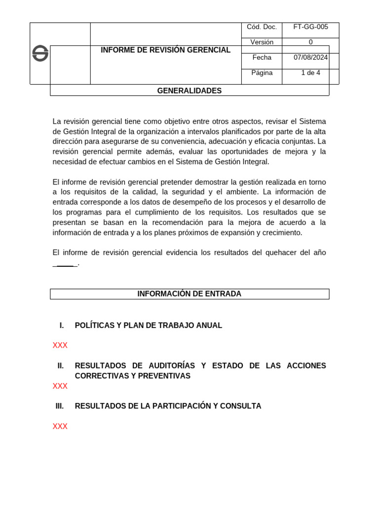 FT-GG-005 Informe de Revisión Gerencial | PDF