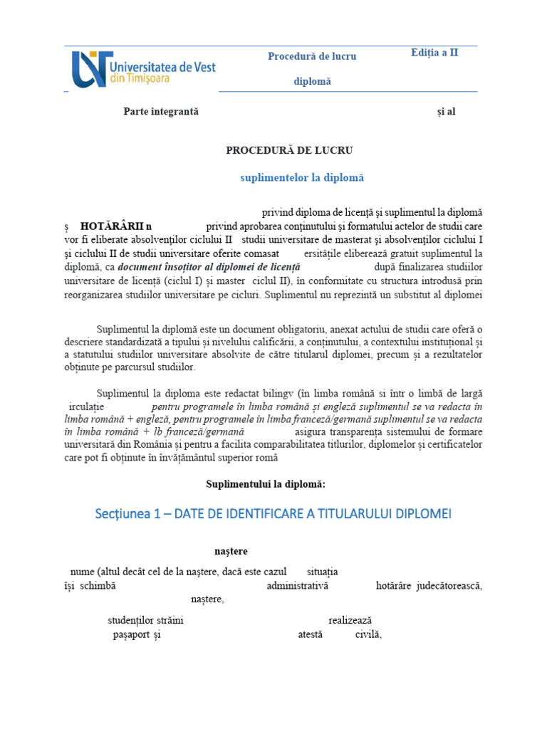 Anexa 6 Procedura de Lucru Intocmire Suplimente Diploma | PDF