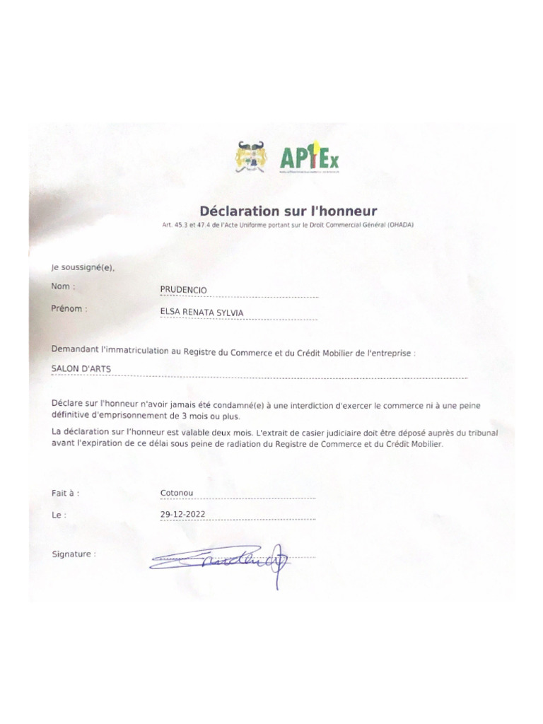 Déclaration Sur L'honneur | PDF