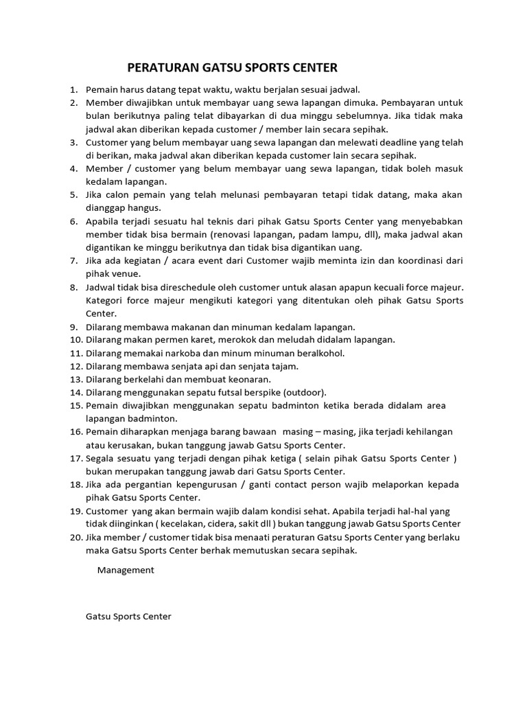 Peraturan Gatsu Sports Center | PDF