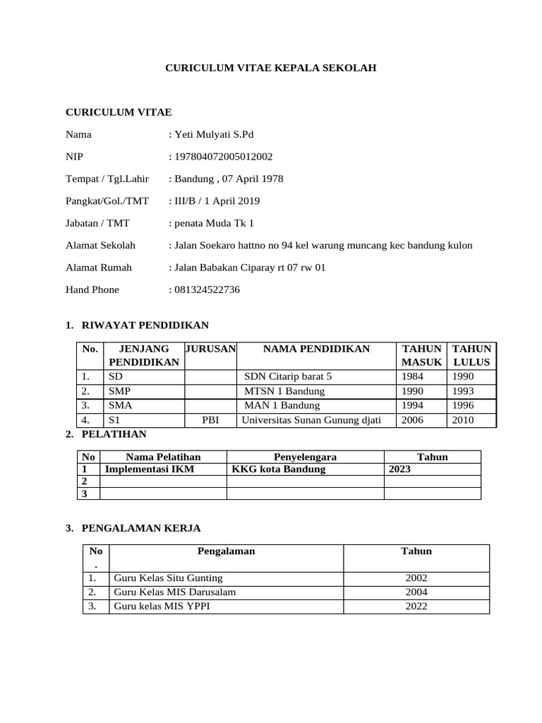 Curiculum Vitae Kepala Sekolah | PDF