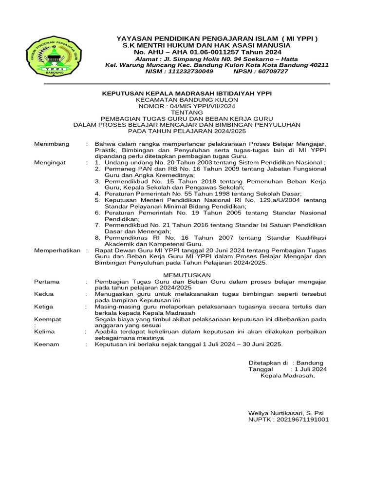 SK Pembagian Tugas Guru 2024-2025 | PDF