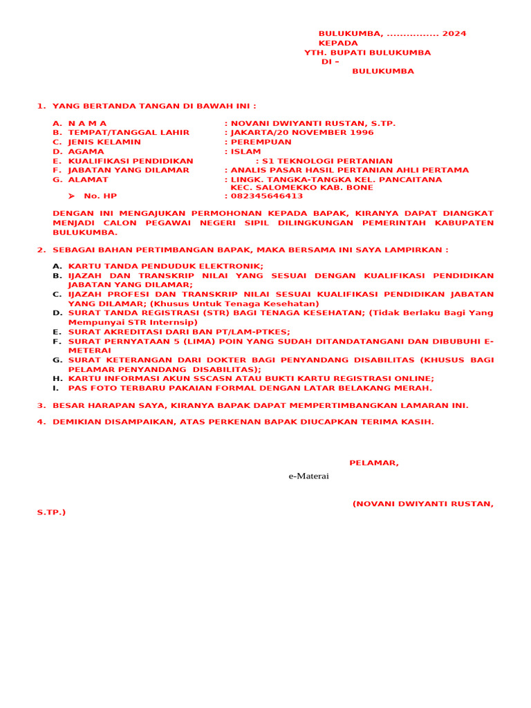 FORMAT SURAT LAMARAN CPNS TAHUN 2024 (Umum) | PDF