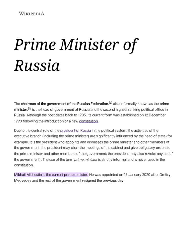 Prime Minister of Russia - Wikipedia | PDF