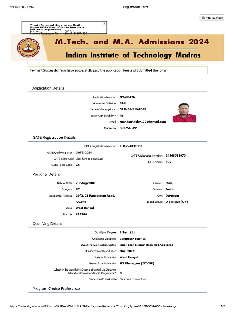 Registration Form - MTech - IITM | PDF
